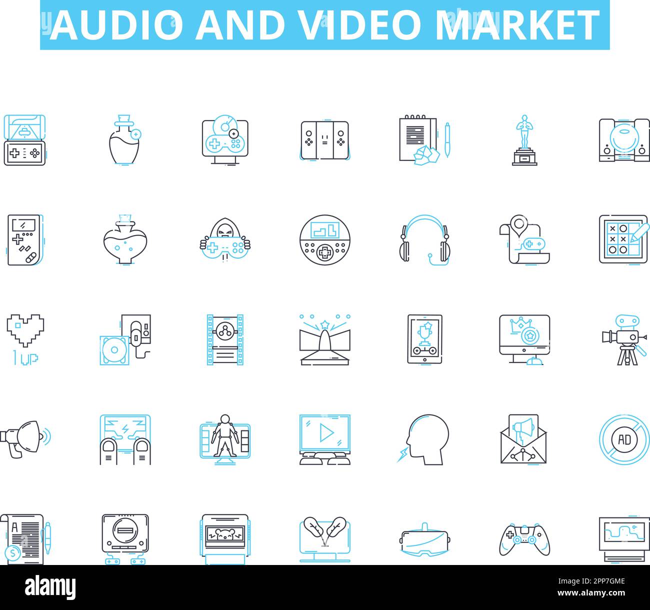 audio and video market linear icons set. Sound, Visuals, Speakers ...