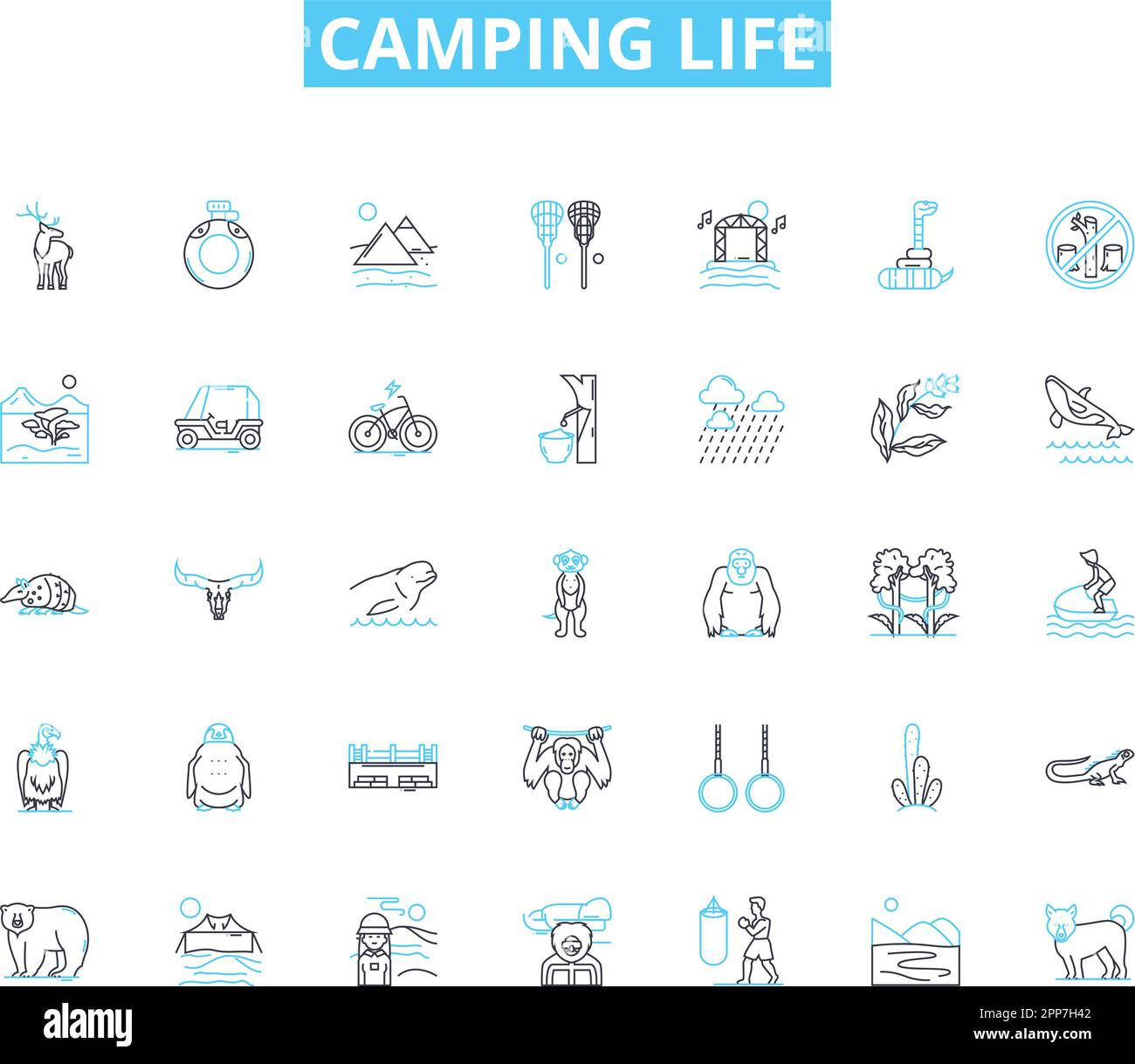 Camping life linear icons set. Adventure, Bonfire, Backpack, Tent ...