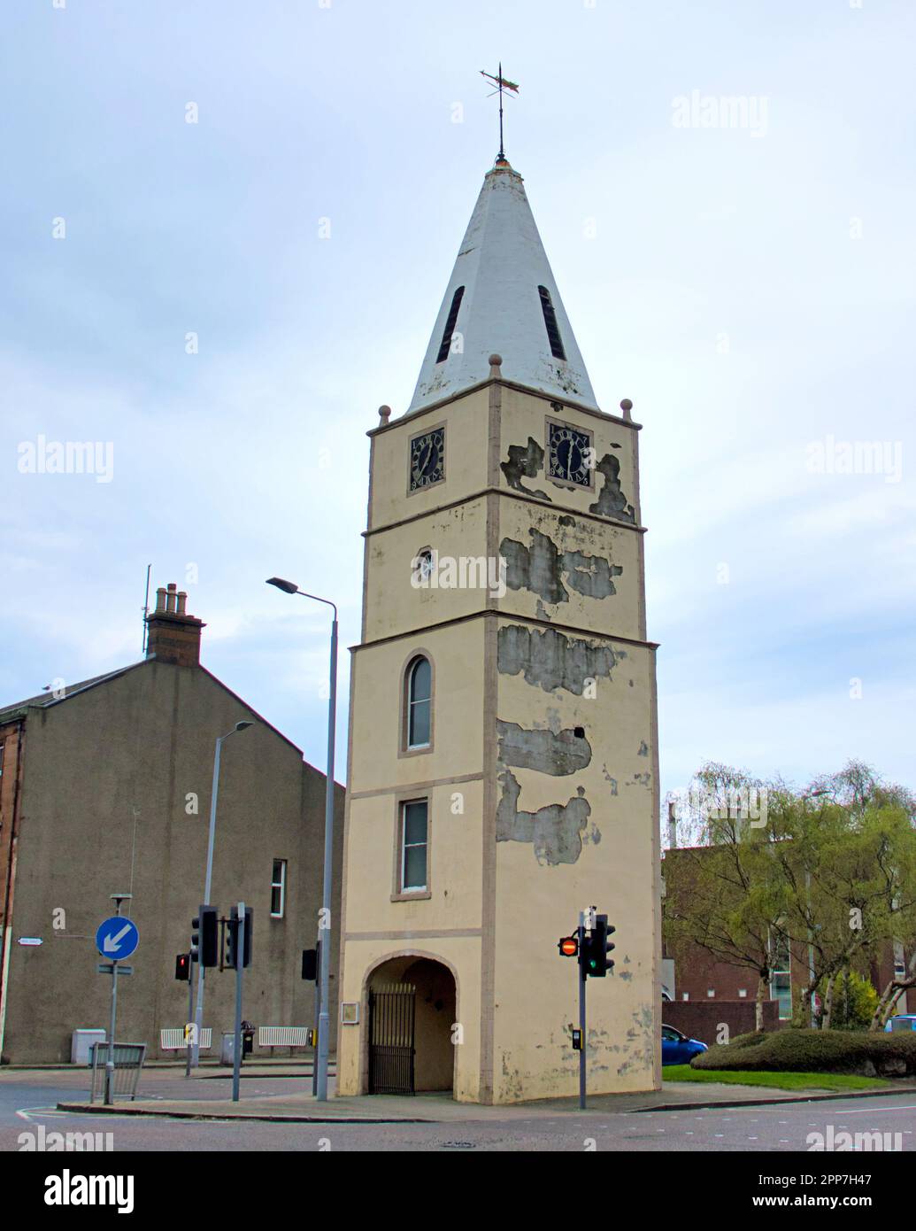 Georgian Newton Tower at the main entrance to Ayr with four face clock ...