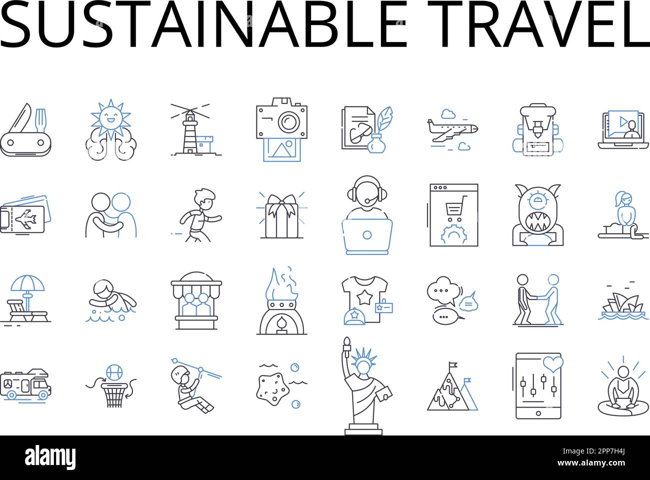 Sustainable travel line icons collection. Eco-friendly tourism ...