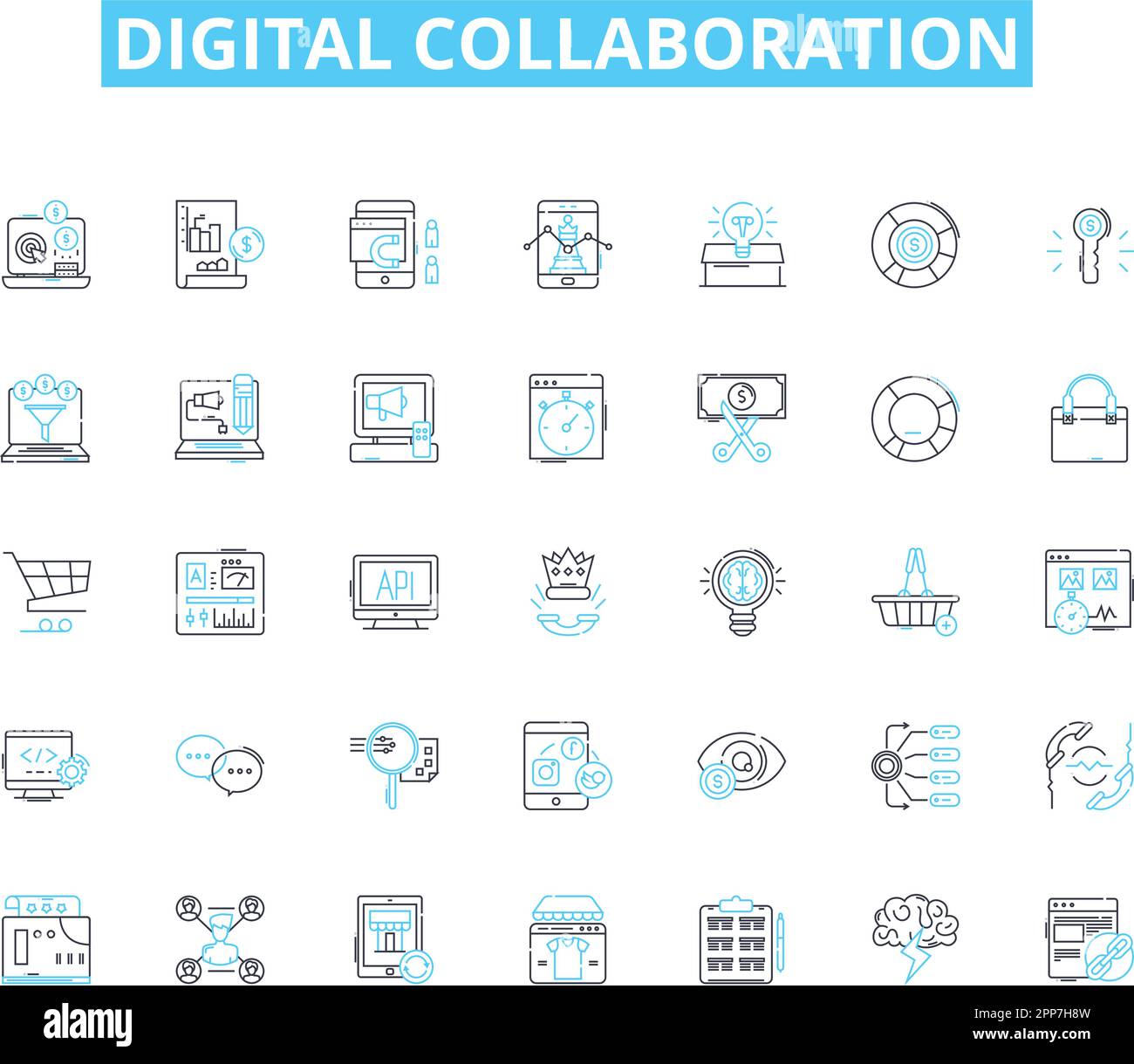 Digital collaboration linear icons set. Synergy, Connectivity, Participation, Engagement ...