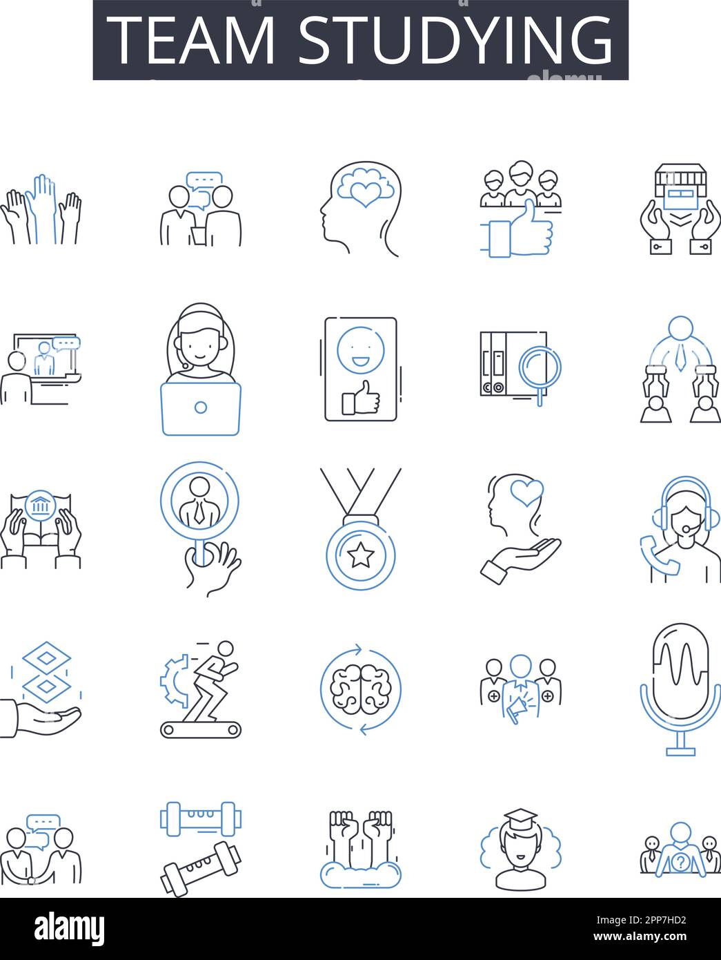 Team studying line icons collection. Collective learning, Partner brainstorming, Shared reading ...