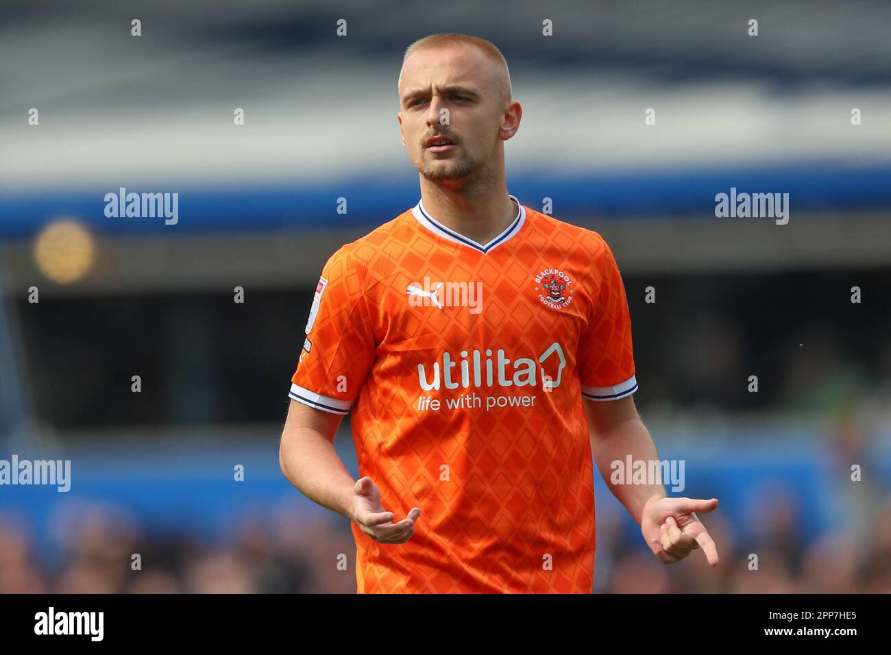 Lewis Fiorini #8 of Blackpool reacts during the Sky Bet Championship ...