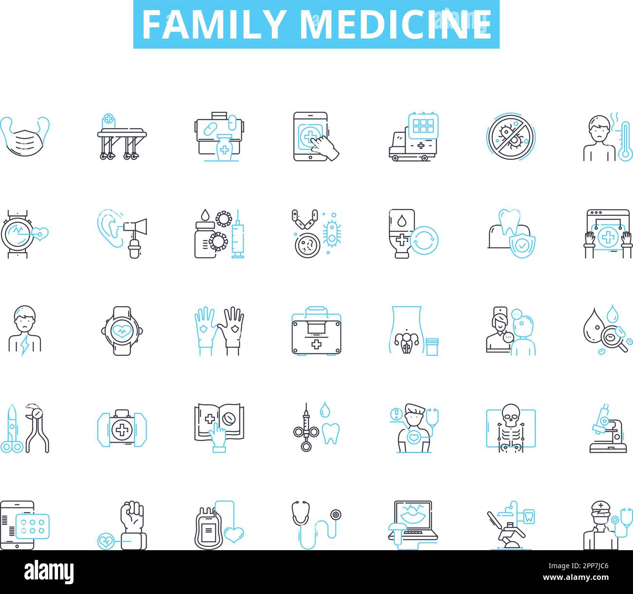 Family medicine linear icons set. Preventive, Comprehensive, Primary ...