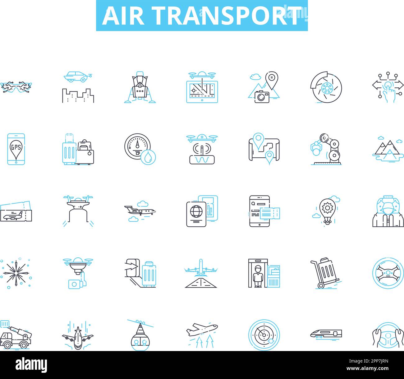 Air transport linear icons set. Flight, Plane, Jet, Helicopter, Airport, Runway, Takeoff line ...