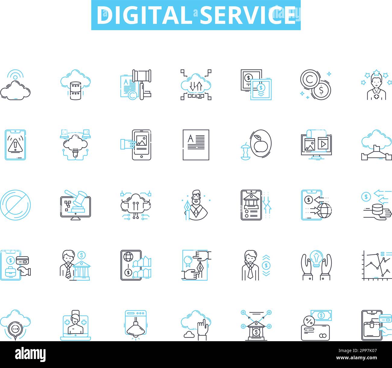 Digital service linear icons set. Online, Virtual, Connected, Social ...