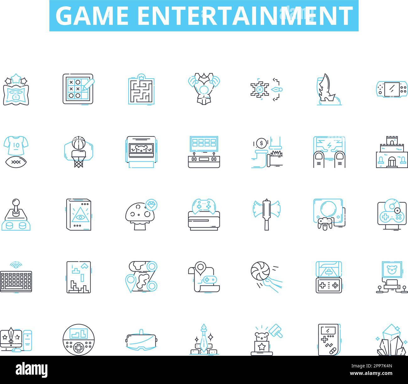 Game entertainment linear icons set. Strategy, Adventure, Fun, Challenge, Fantasy, Excitement ...