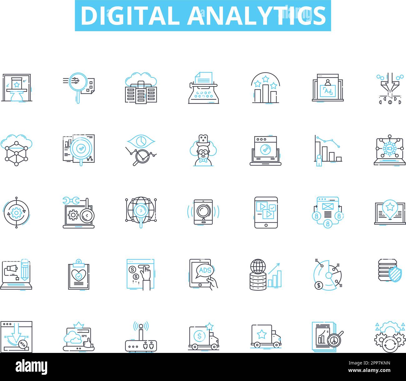 Digital analytics linear icons set. Metrics, Insights, Attribution ...