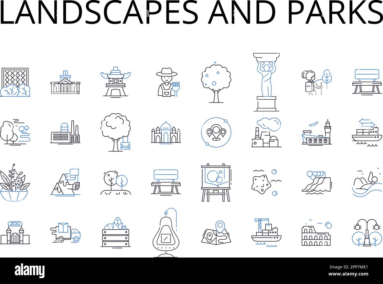 Landscapes and parks line icons collection. Oceans and beaches ...