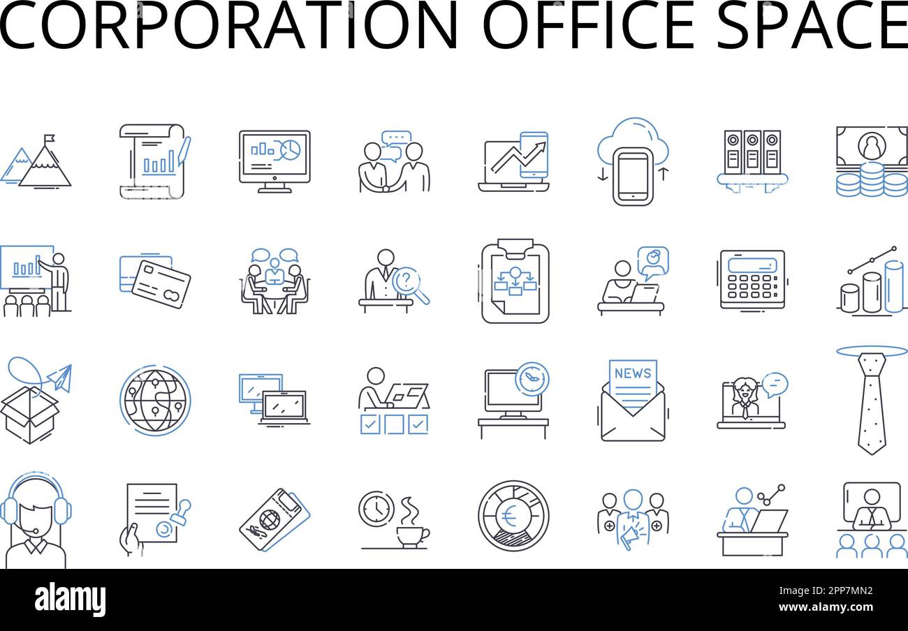 Corporation office space line icons collection. Business headquarters ...