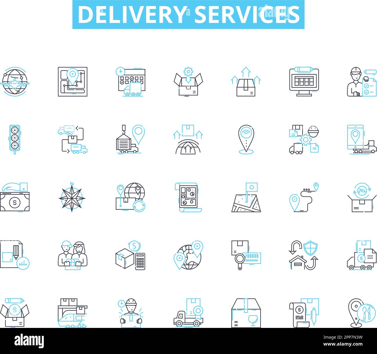 Delivery services linear icons set. Courier, Package, Dispatch, Shipment, Express, Logistics ...
