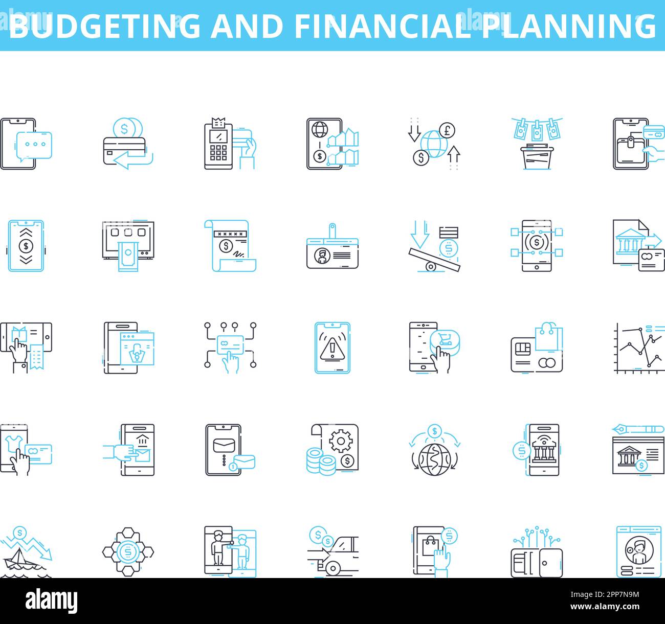 Budgeting and financial planning linear icons set. Frugality, Saving, Forecasting, Investment ...