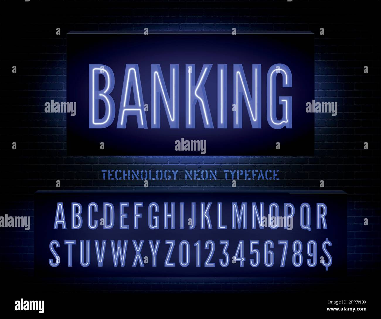 Banking sign with blue neon box narrow alphabet on dark brick wall ...
