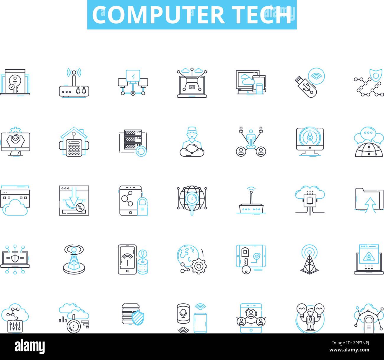 Computer tech linear icons set. Hardware, Software, Processor, Memory, Graphics, LAN, WAN line ...