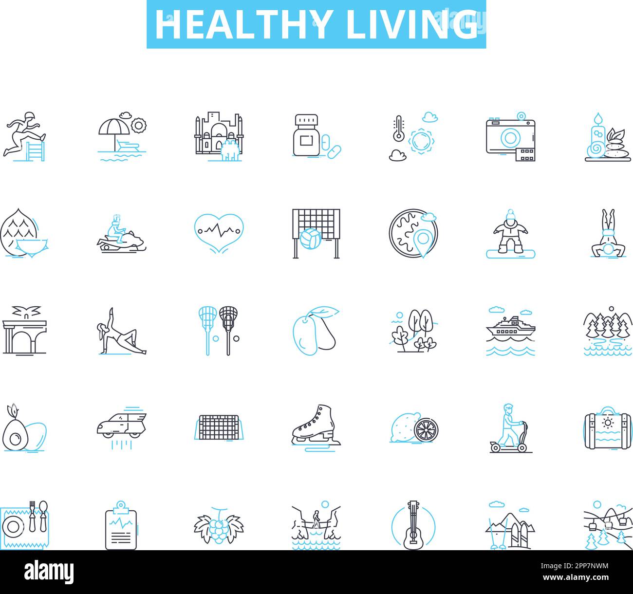 Healthy living linear icons set. Nutrition, Exercise, Meditation ...