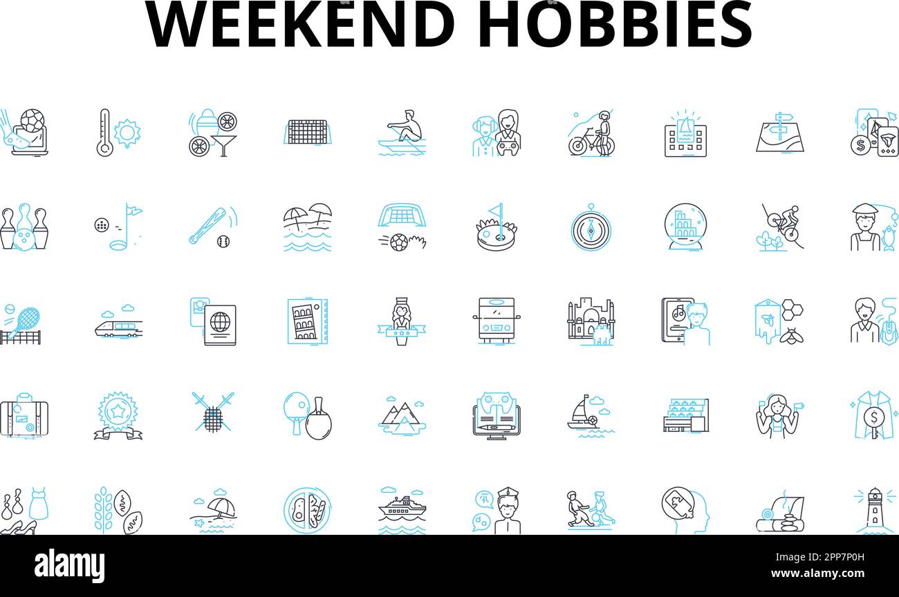 Weekend hobbies linear icons set. Biking, Cooking, Dancing, Drawing, Fishing, Gardening, Hiking ...