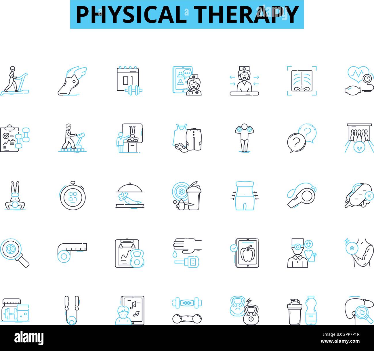 Physical therapy linear icons set. Rehabilitation, Exercises, Manual, Orthopedic, Strength ...