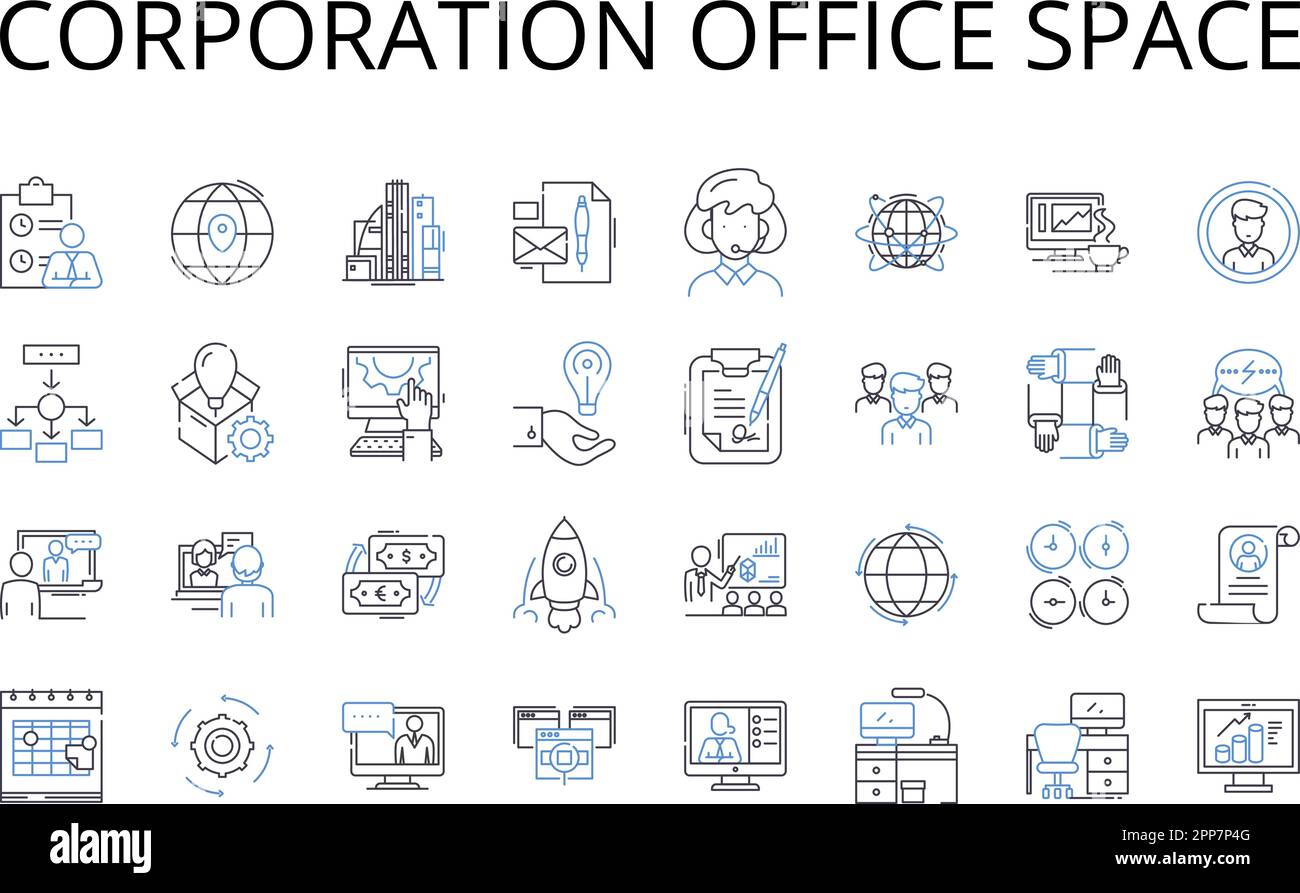 Corporation office space line icons collection. Business headquarters ...