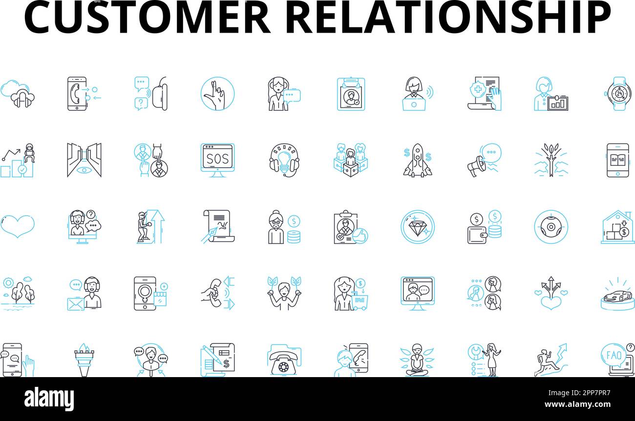 Customer relationship linear icons set. Trust, Loyalty, Satisfaction, Engagement, Retention ...