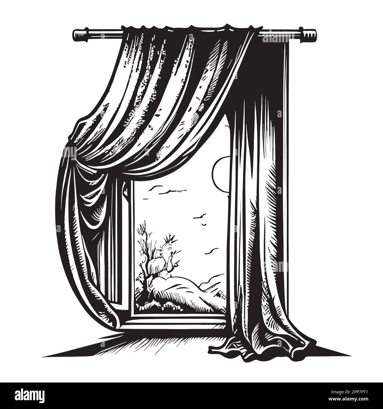 Window with curtains hand drawn sketch in doodle style illustration ...