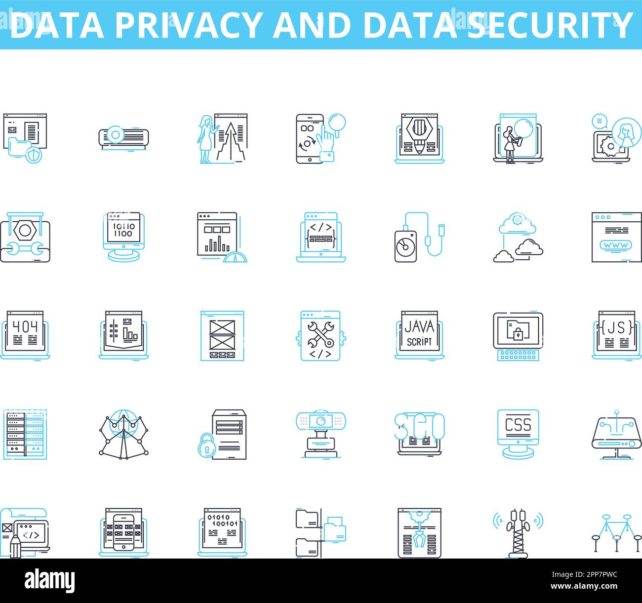 Data Privacy And Data Security Linear Icons Set Encryption Firewall Breach Cybercrime
