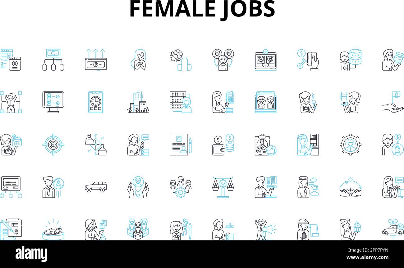 Female jobs linear icons set. Nurse, Teacher, Engineer, Entrepreneur ...
