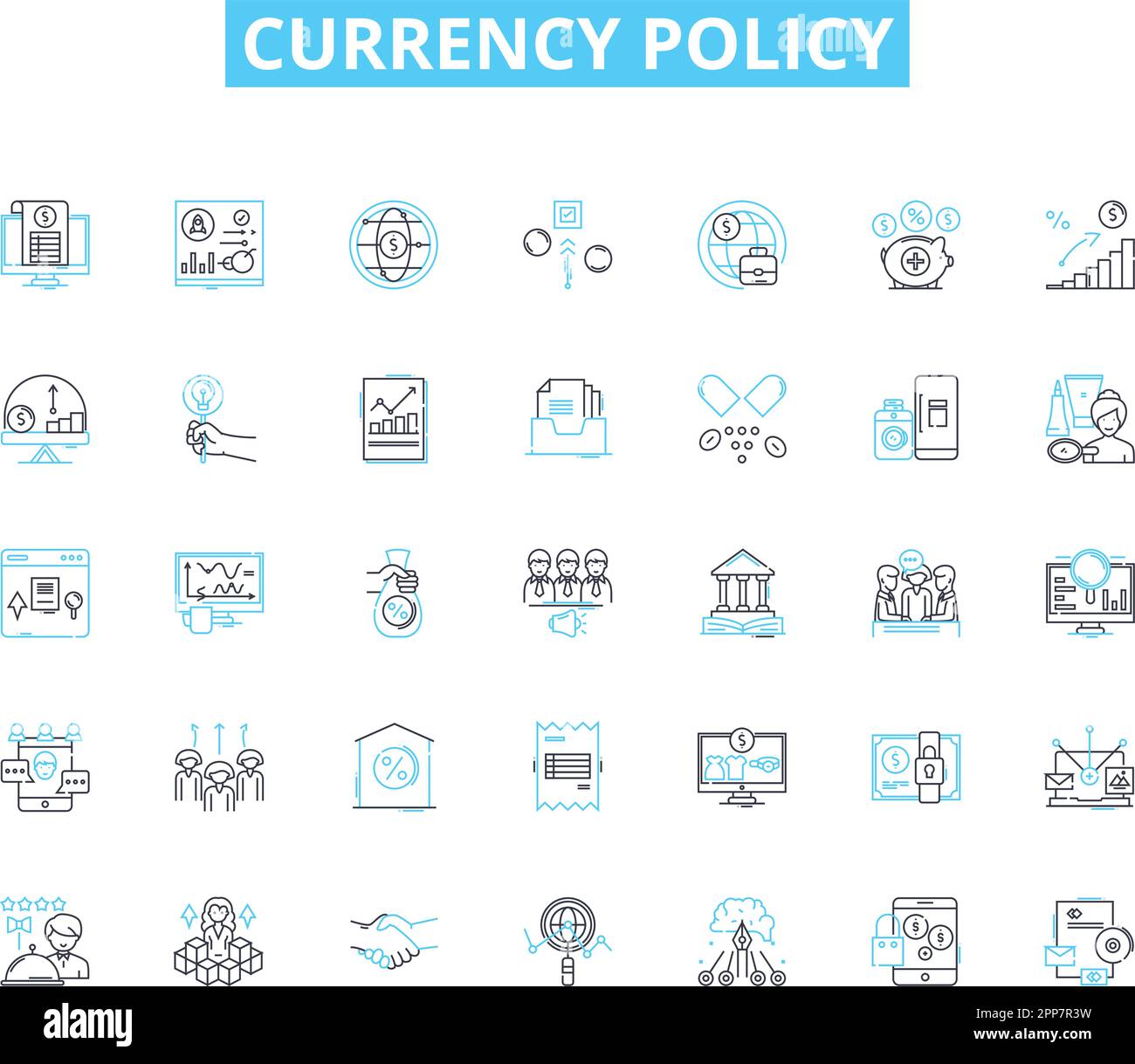 Currency policy linear icons set. Inflation, Exchange, Intervention ...