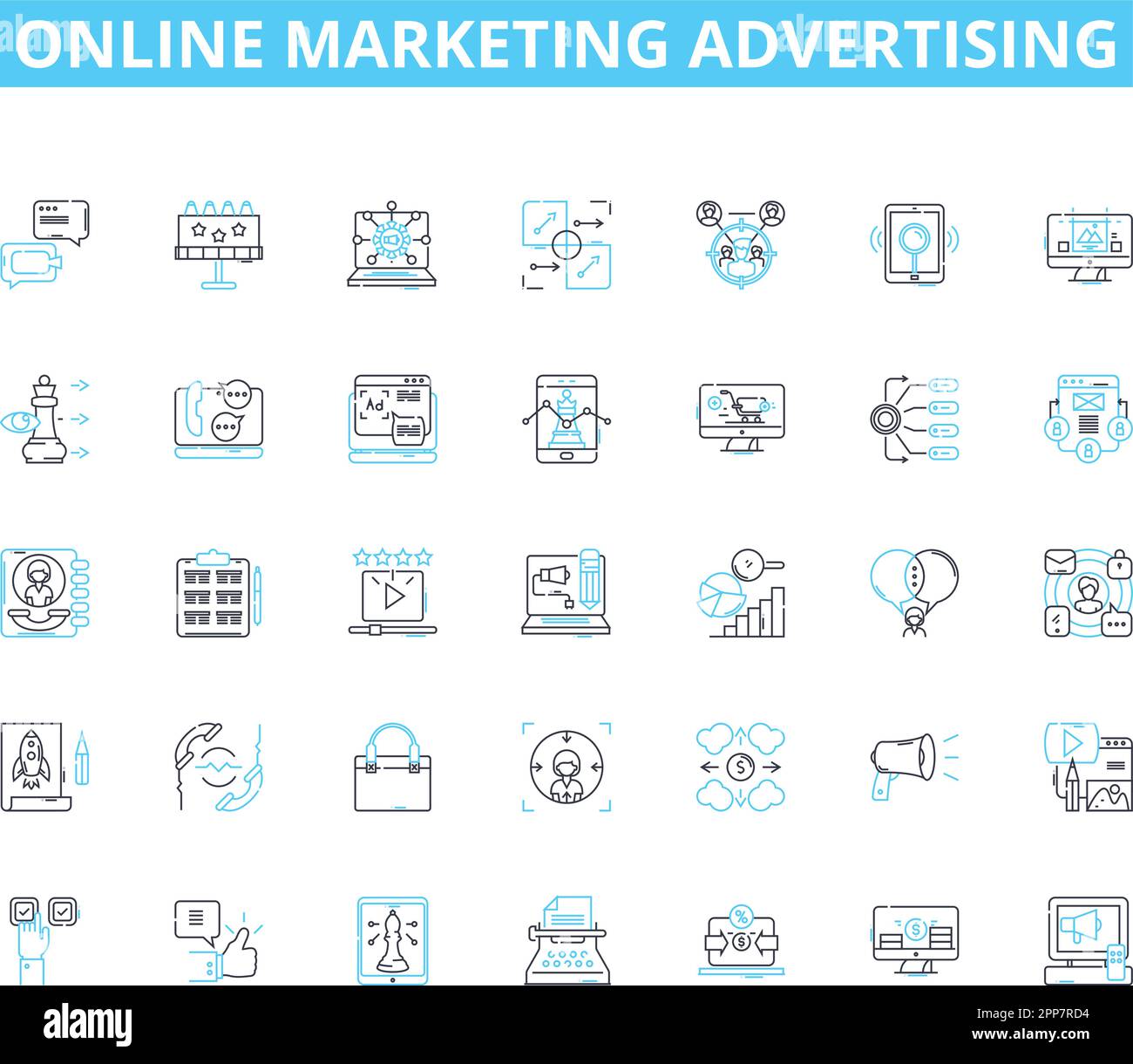 Online marketing advertising linear icons set. Strategy, Targeting, Analytics, Engagement ...
