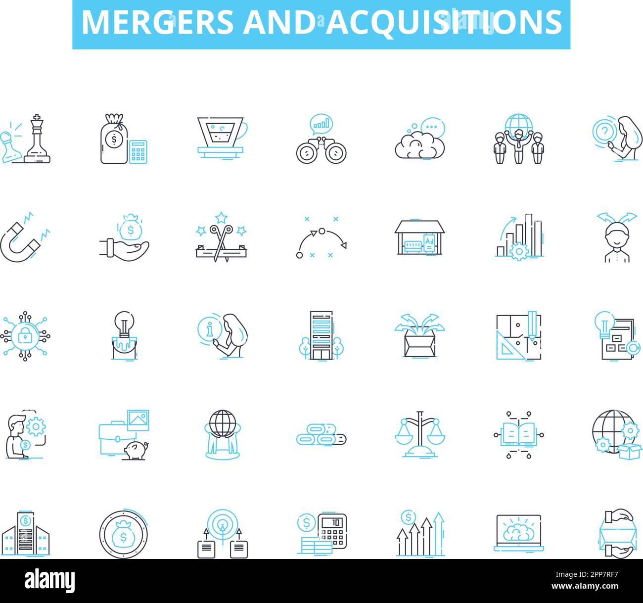 Mergers and acquisitions linear icons set. Consolidation, Integration ...