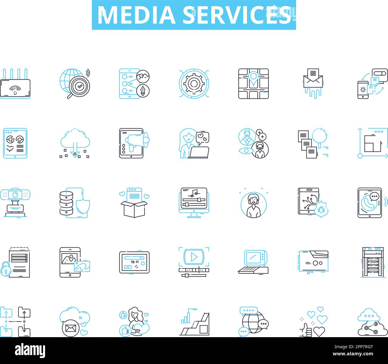 Media services linear icons set. Advertising, Broadcasting, Content ...