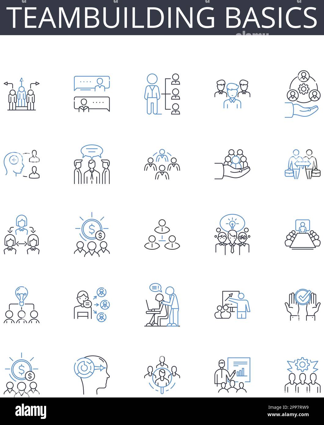 Teambuilding basics line icons collection. Leadership essentials, Communication skills, Conflict ...