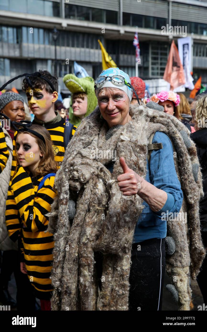 London, UK. 22nd Apr, 2023. A protester wearing an outfit made from ...