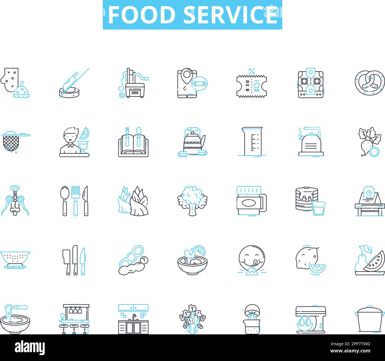 Food service linear icons set. Catering, Delivery, Restaurant, Takeout, Buffet, Kitchen, Chef ...