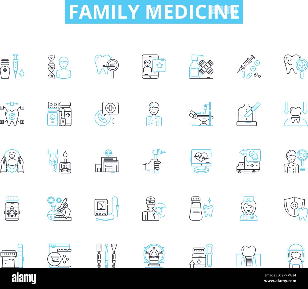 Family medicine linear icons set. Preventive, Comprehensive, Primary ...