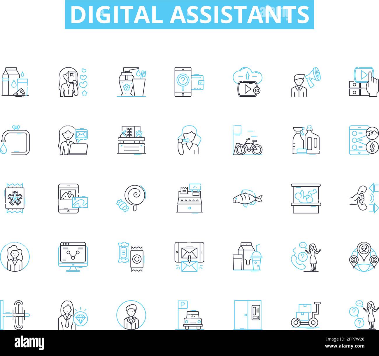 Digital assistants linear icons set. Alexa, Siri, Google, Cortana ...