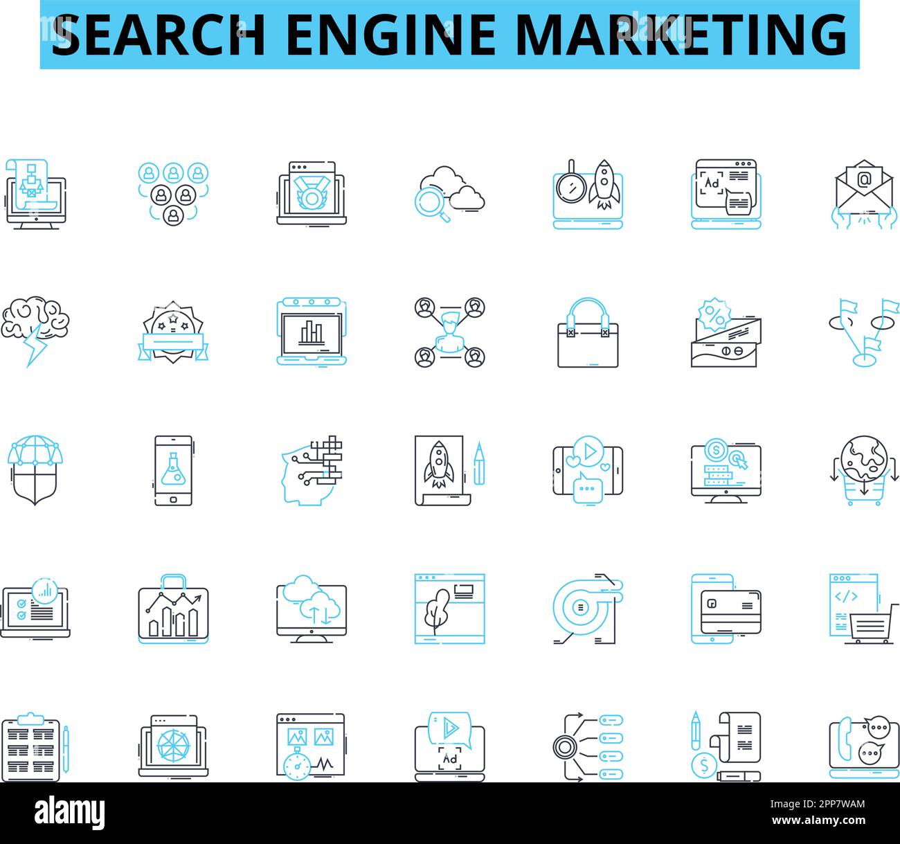 Search engine marketing linear icons set. AdWords, Algorithm, Bid ...