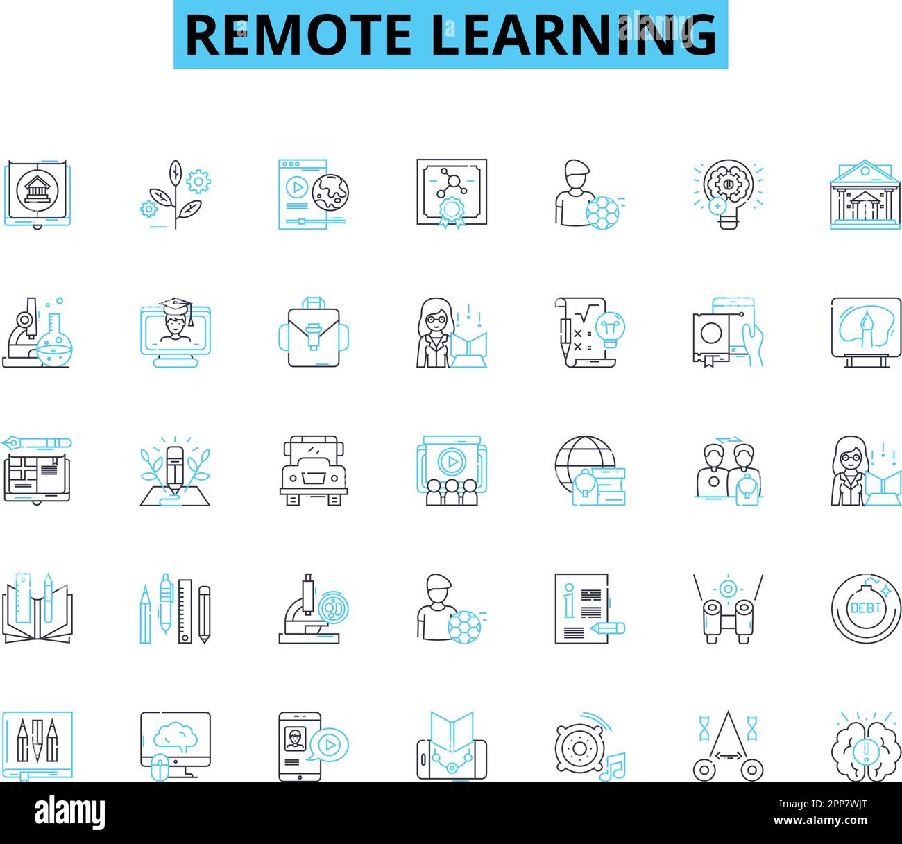 Remote learning linear icons set. Virtual, Digital, Online, Distance, E ...