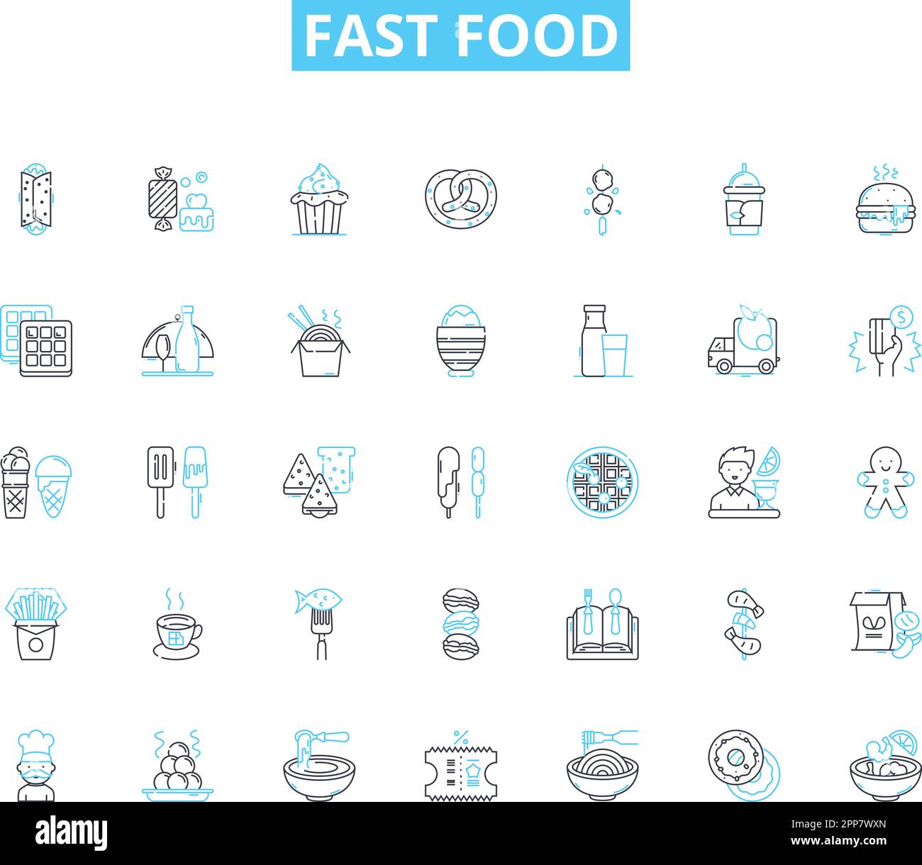 Fast food linear icons set. Burgers, Fries, Nuggets, Wings, Pizza ...