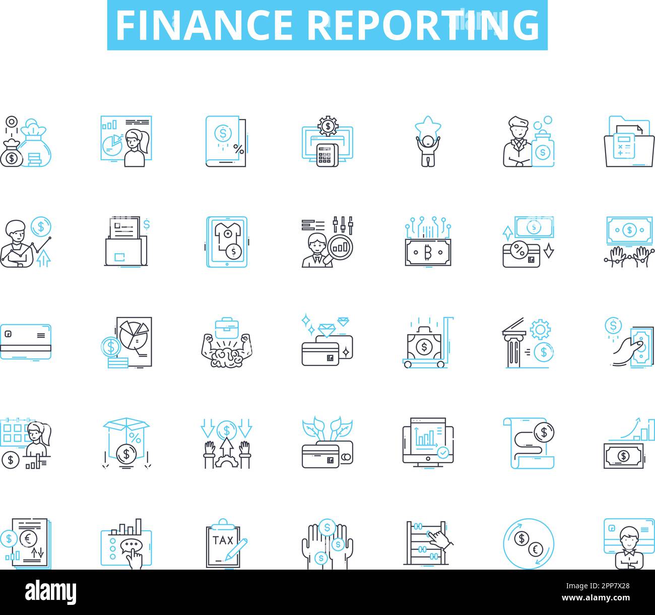Finance reporting linear icons set. Accounting, Budgeting, Analysis, Forecasting, Profit, Loss ...