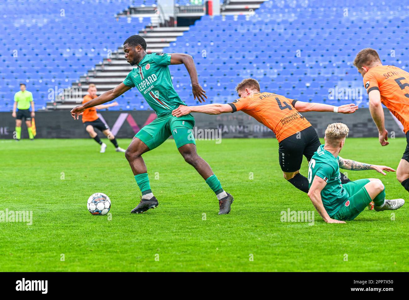 Deinze, Belgium. 22nd Apr, 2023. Keres Masangu (6) of Virton and Liam ...