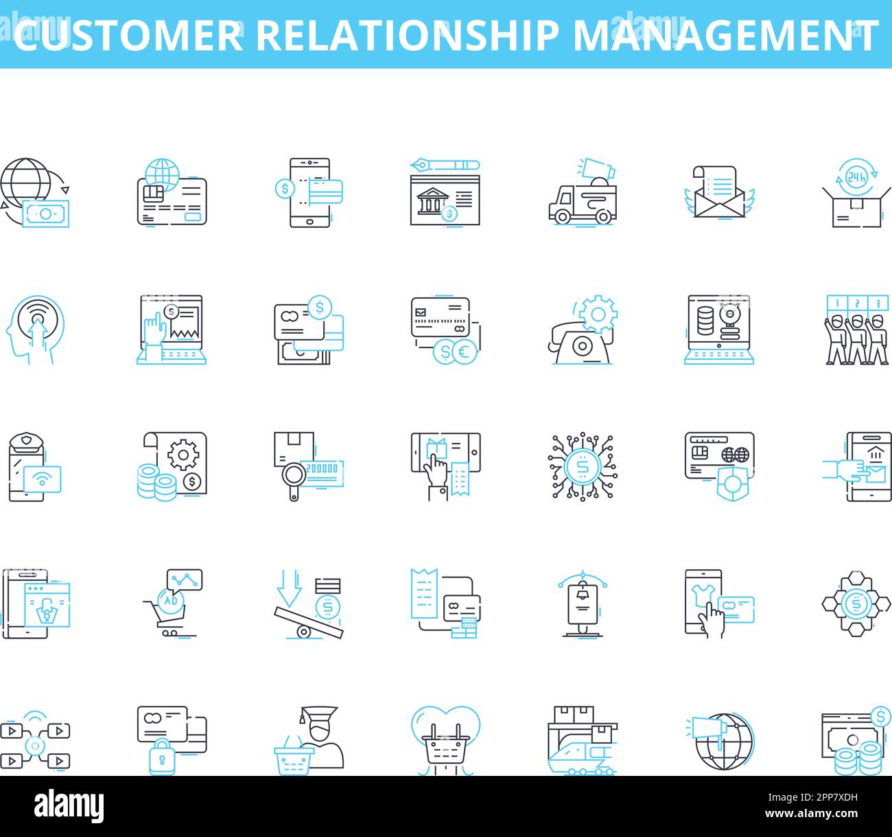 Customer relationship management linear icons set. Engagement, Retention, Loyalty, Interaction ...