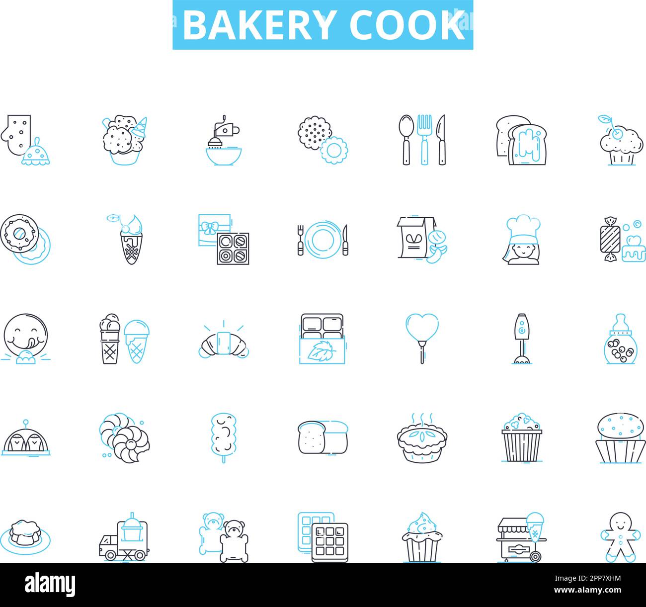 Bakery cook linear icons set. Dough, Yeast, Flour, Oven, Whisk, Piping, Mixing line vector and ...