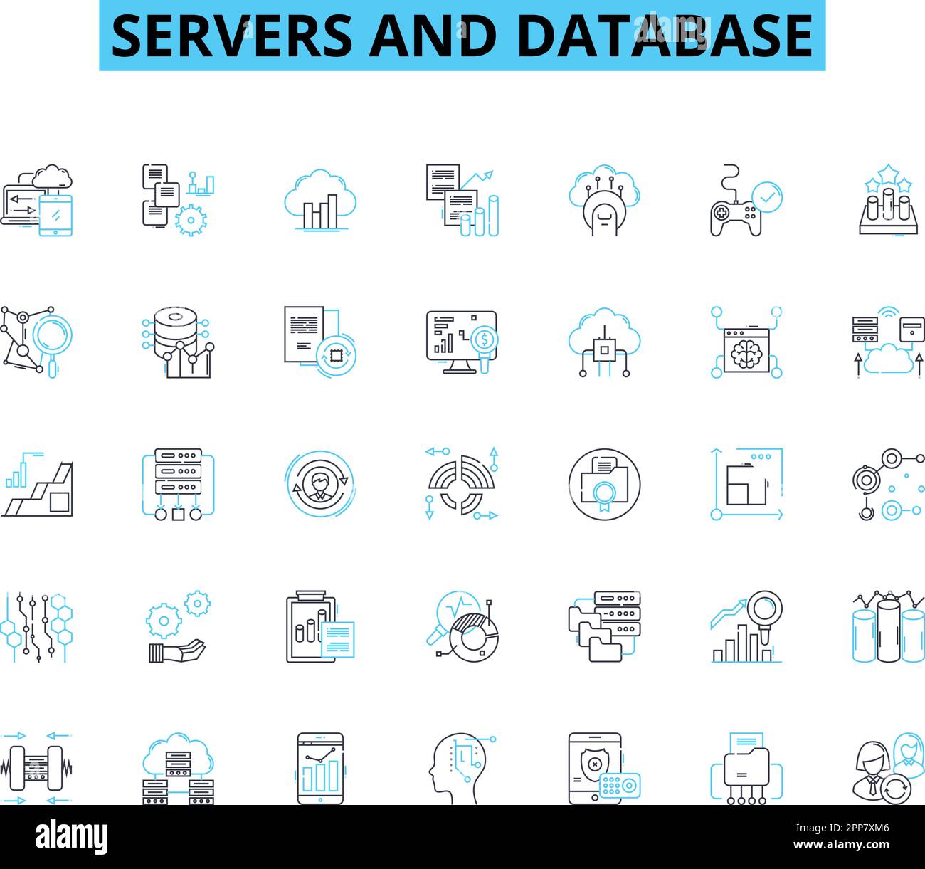 Servers and database linear icons set. Reliability, Capacity, Scalability, Redundancy, Uptime ...