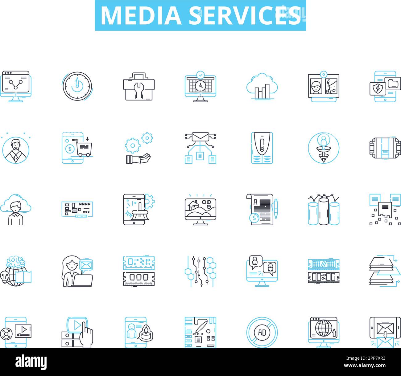 Media services linear icons set. Advertising, Broadcasting, Content ...