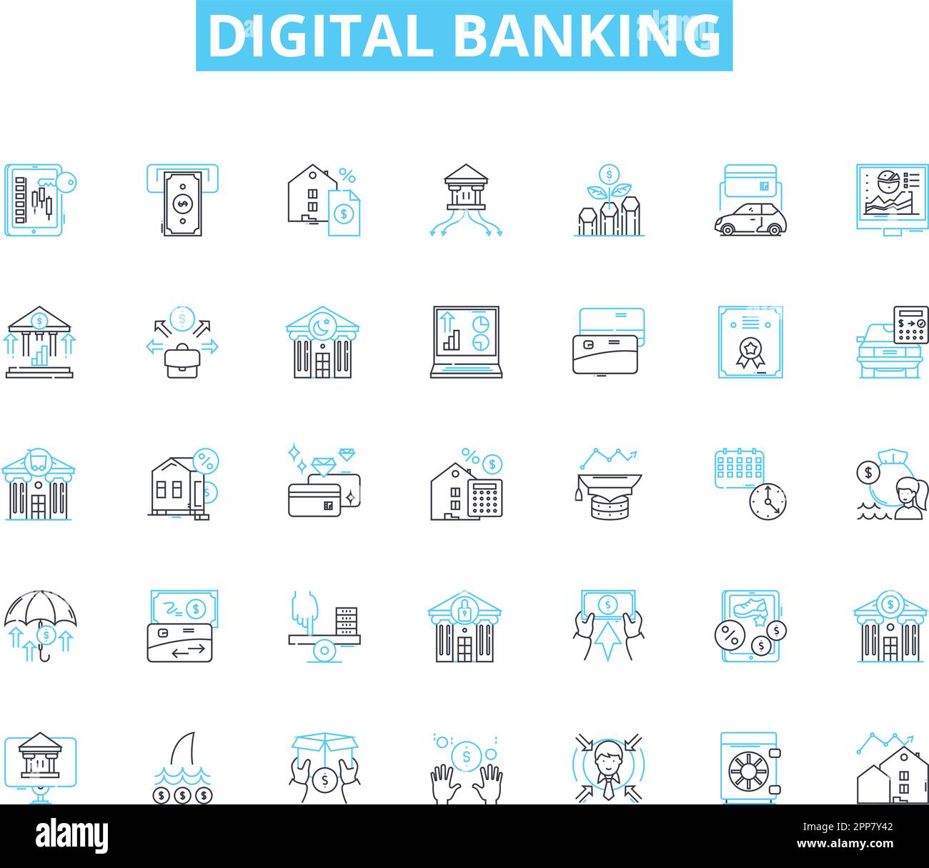 Digital banking linear icons set. Fintech, Mobile, Online, Transactions ...
