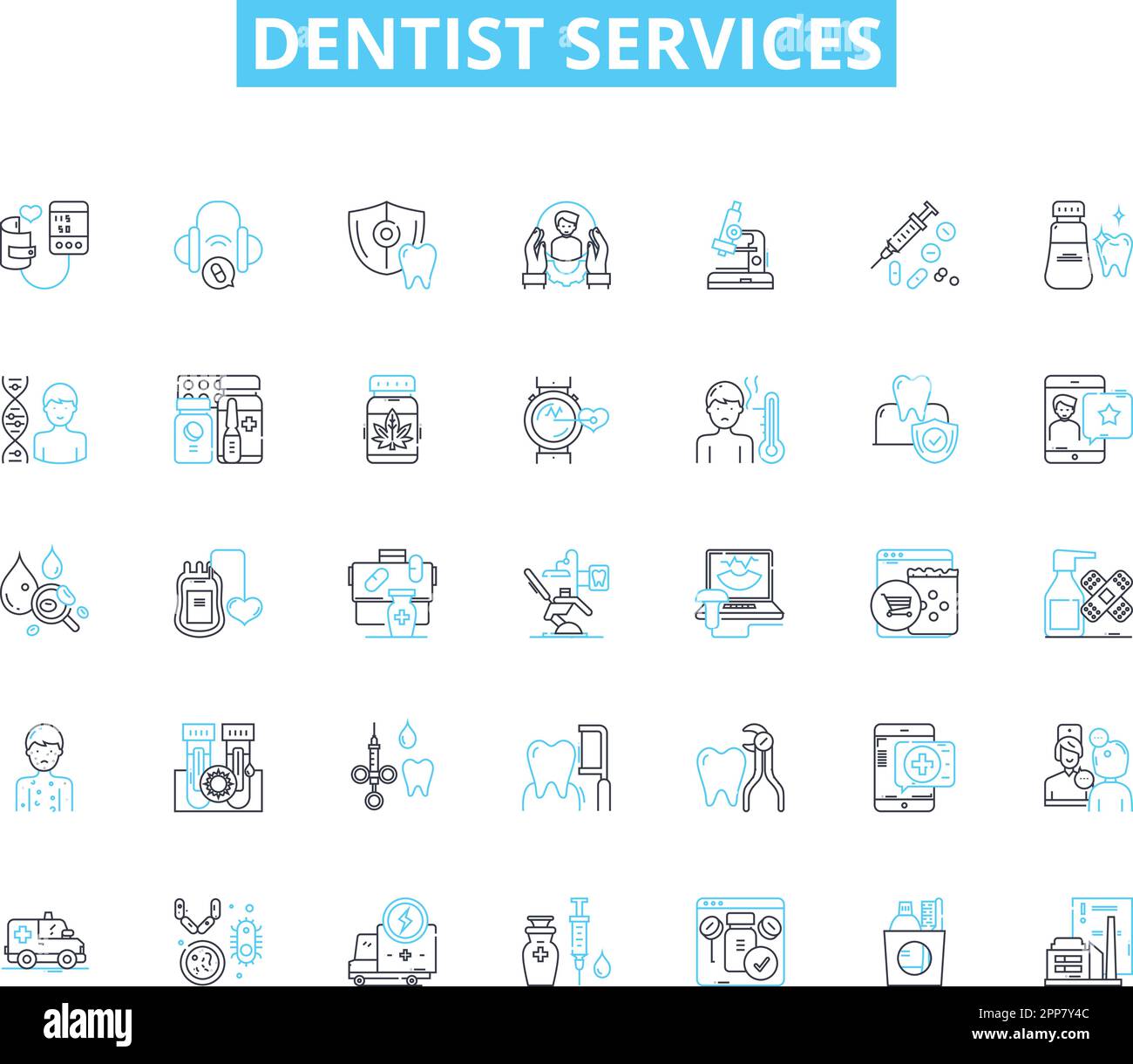 Dentist services linear icons set. Cleaning, Root canal, Braces, Whitening, Filling, Extraction ...