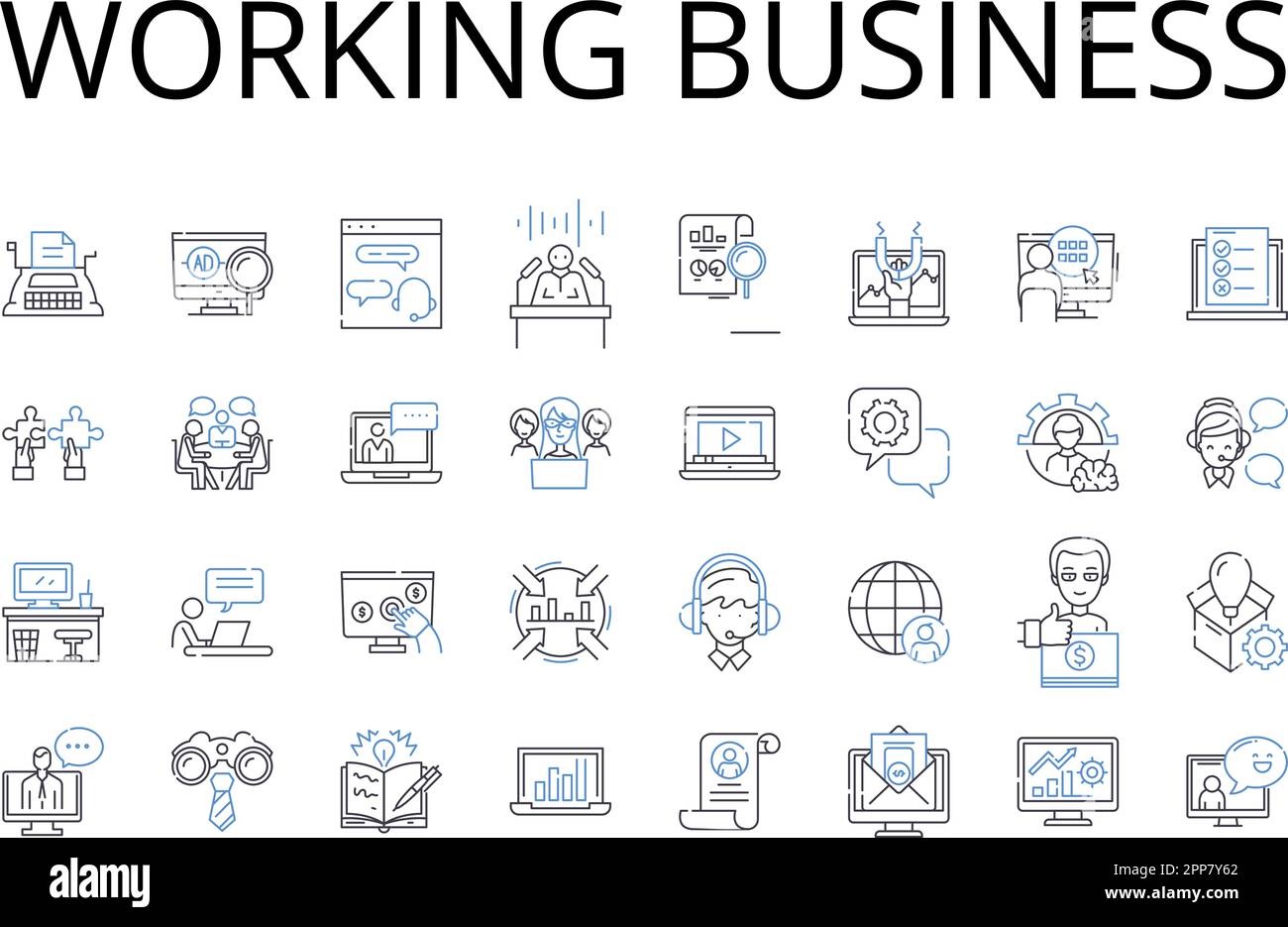 Working business line icons collection. Running company, Busy office ...
