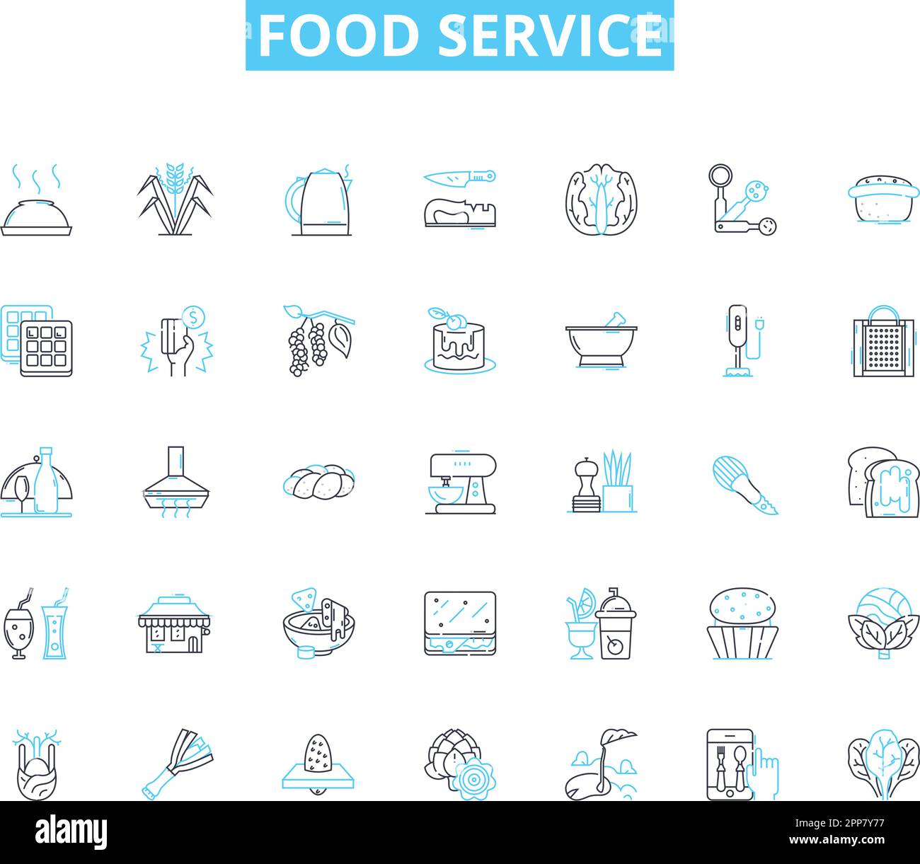 Food service linear icons set. Catering, Delivery, Restaurant, Takeout, Buffet, Kitchen, Chef ...