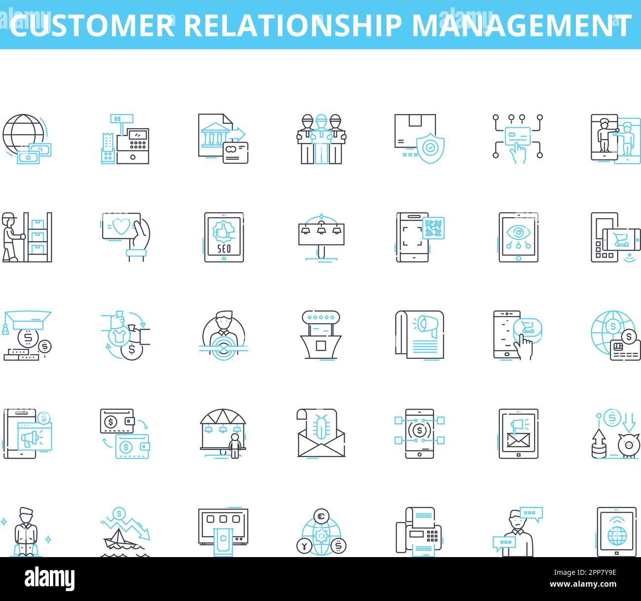 Customer relationship management linear icons set. Engagement ...