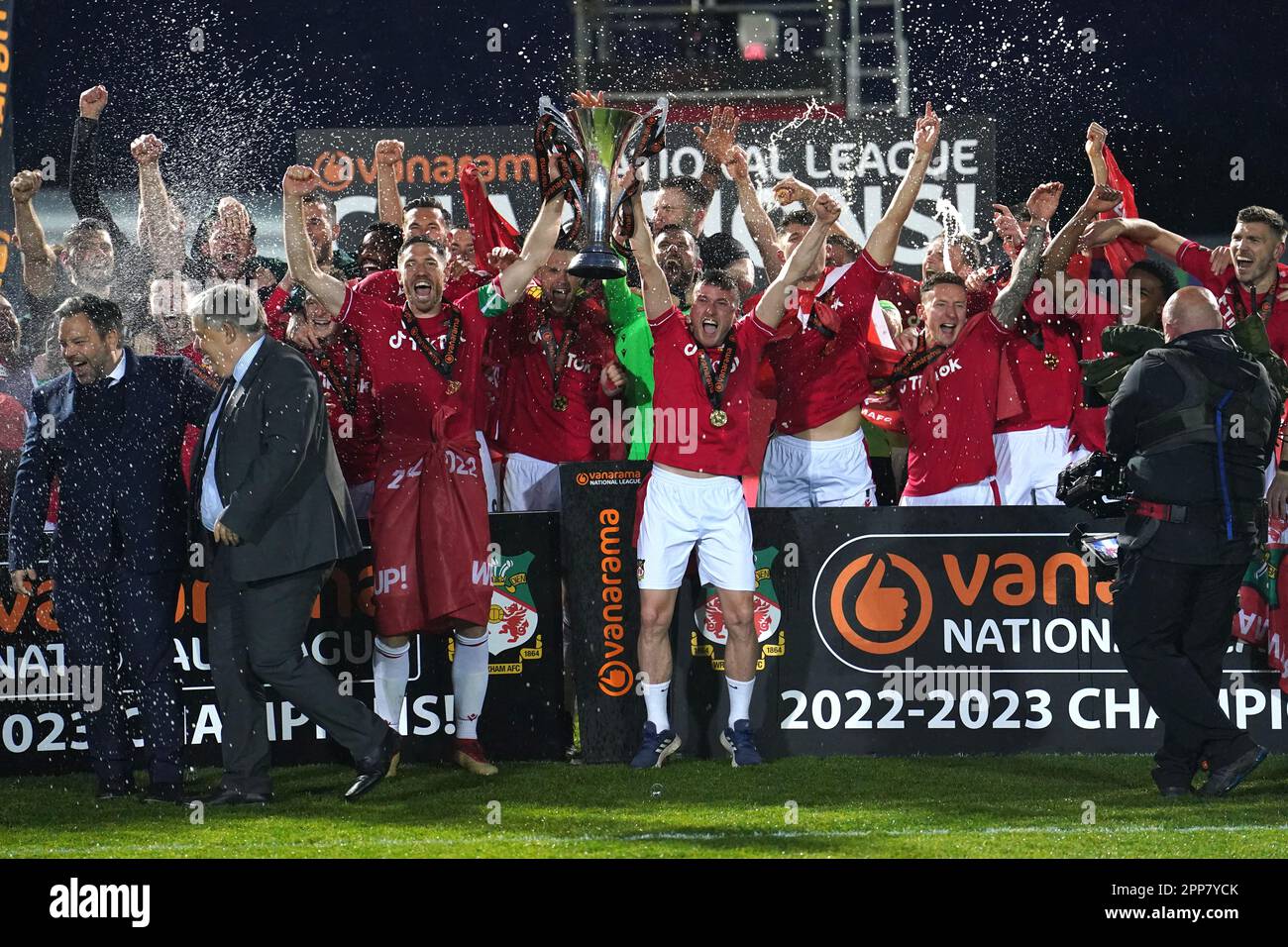 Wrexham players celebrate promotion to the EFL following the Vanarama ...